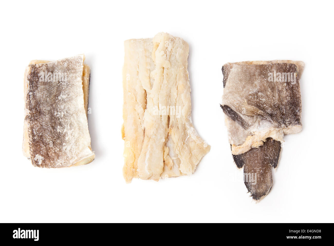 Pieces of salt cod fish isolated on a white studio background Stock ...