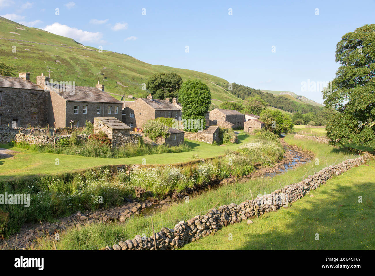 Evening light over the village of Thwaite, Upper Swaledale, Yorkshire ...
