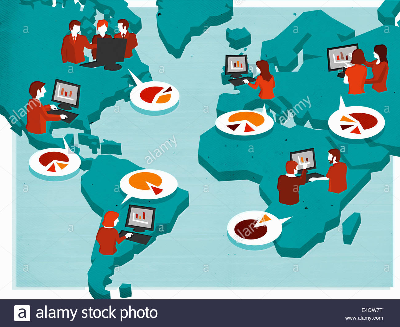 Business people using computers sharing information across world map ...