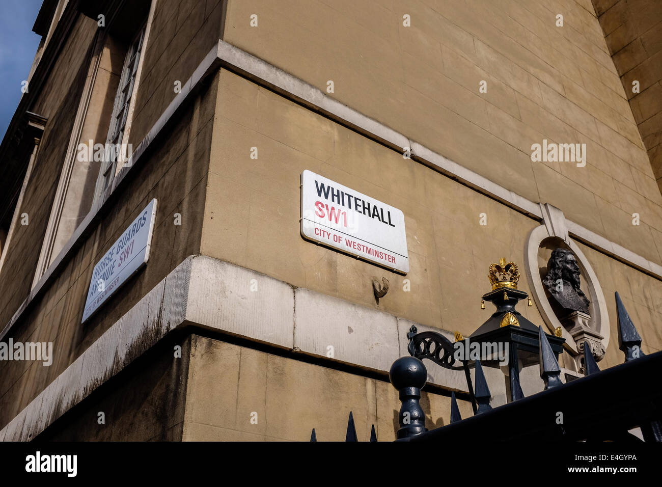 Whitehall street name plate on the brown wall of a building, London, UK ...