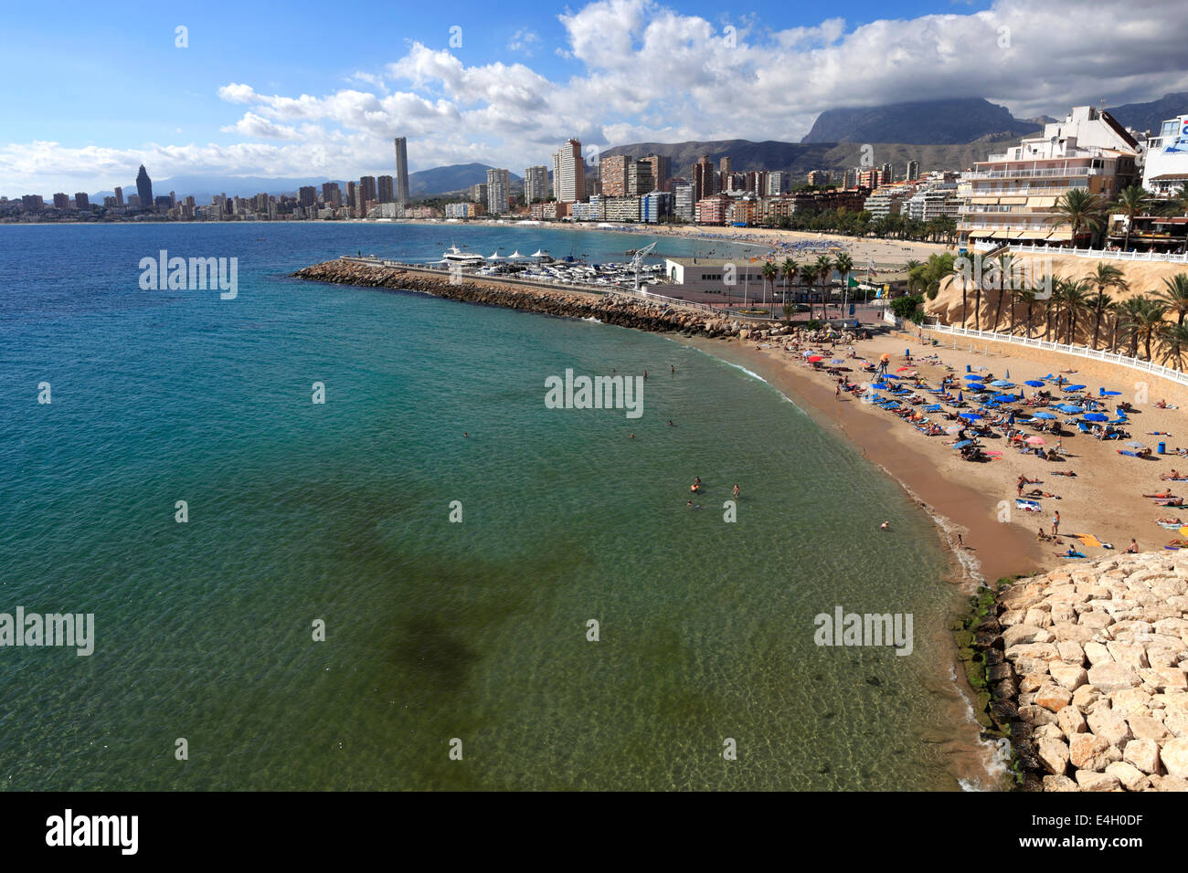 View along Playa De Poniente beach, Benidorm resort, Costa Blanca ...