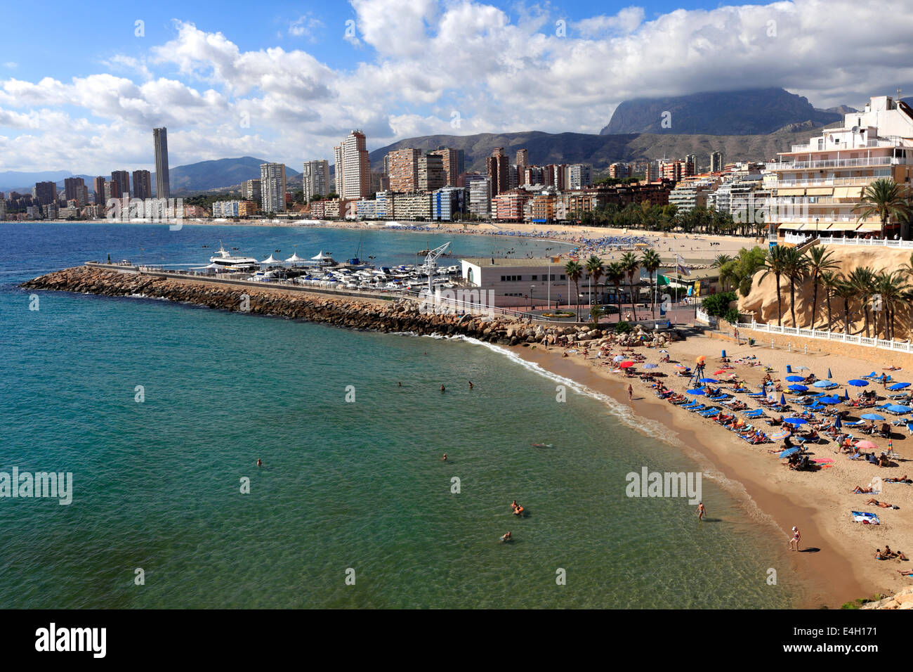 View along Playa De Poniente beach, Benidorm resort, Costa Blanca ...