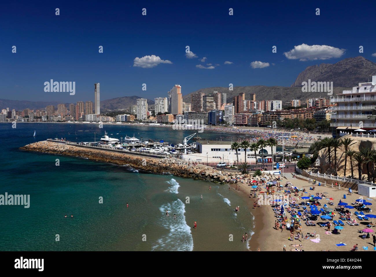 View along Playa De Poniente beach, Benidorm resort, Costa Blanca ...