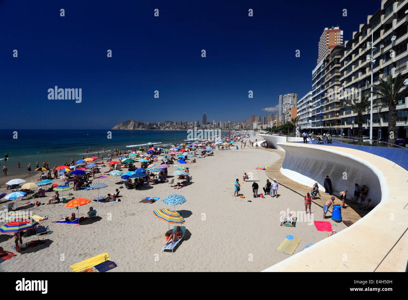 View along Playa De Poniente beach, Benidorm resort, Costa Blanca ...