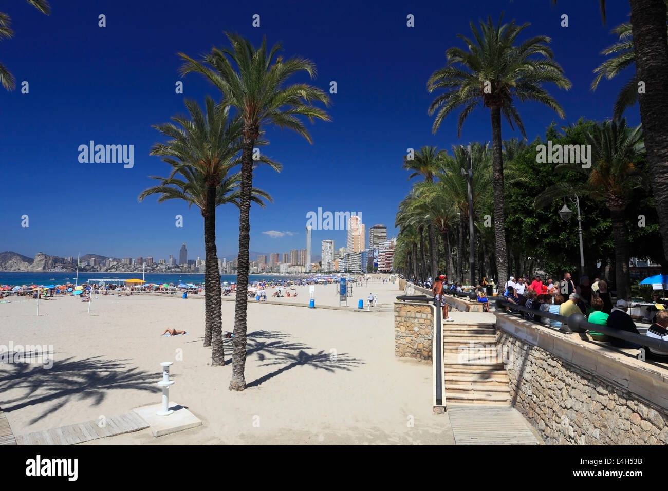 View along Playa De Poniente beach, Benidorm resort, Costa Blanca ...