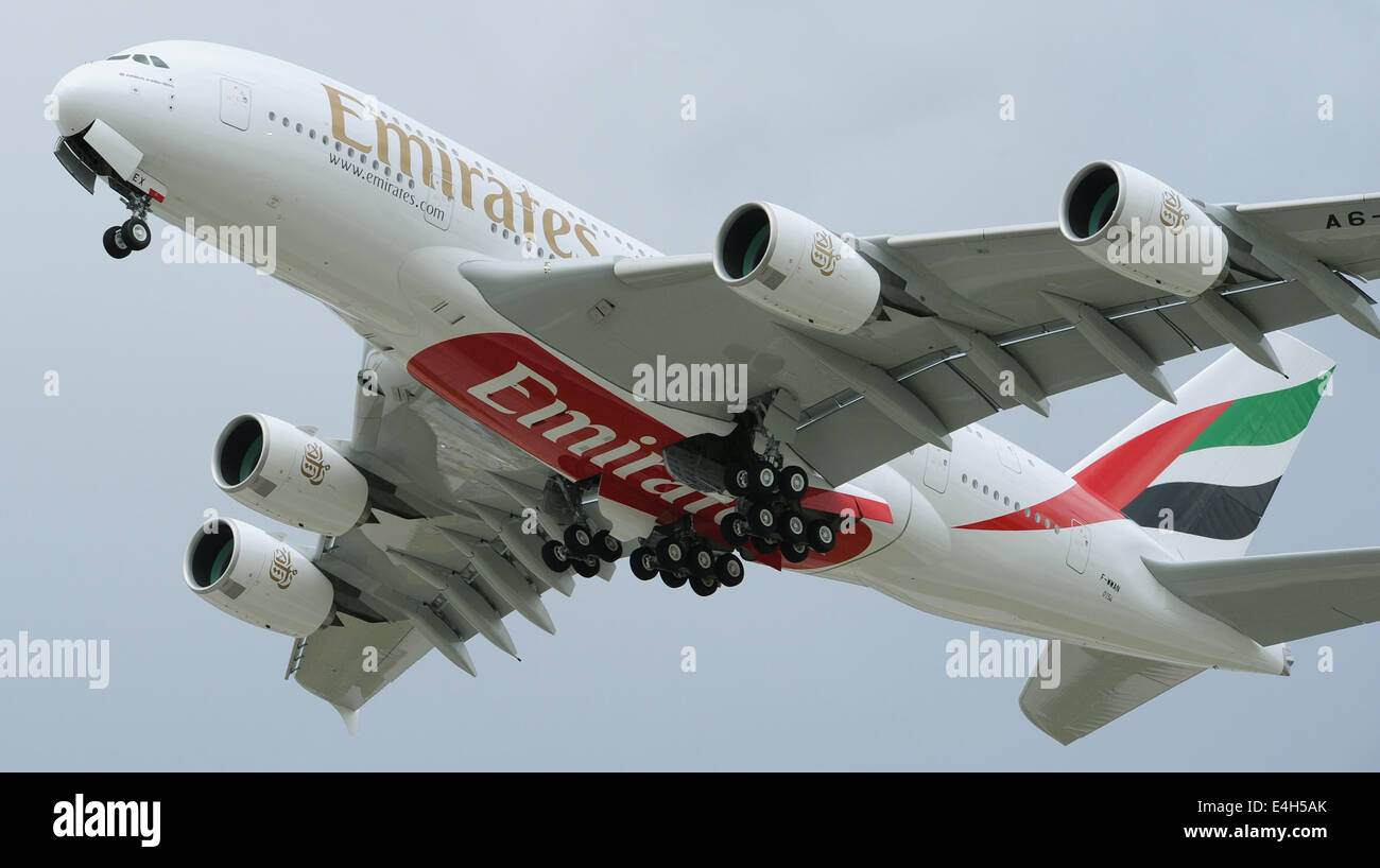 Airbus A380 test flight on 4 July 2014 in Hamburg - Germany. The plane ...