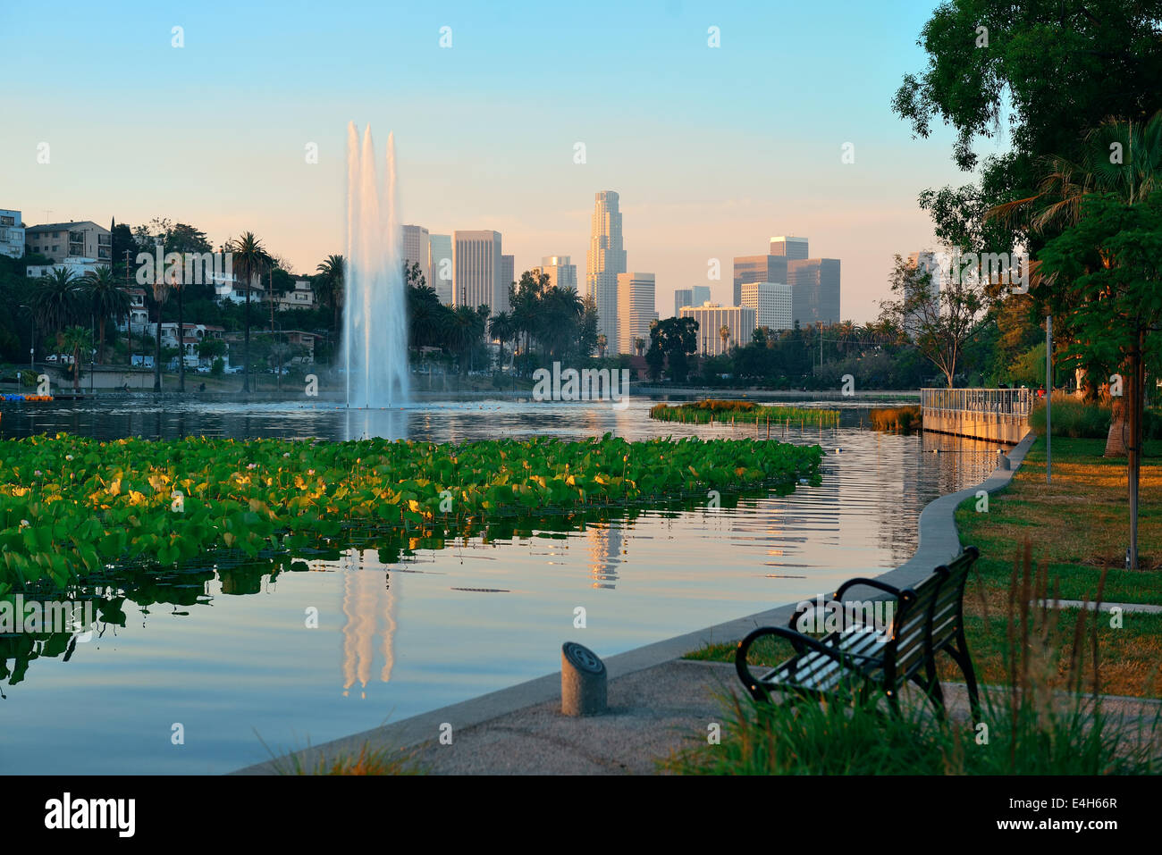 Los Angeles downtown view from park with urban architectures and ...