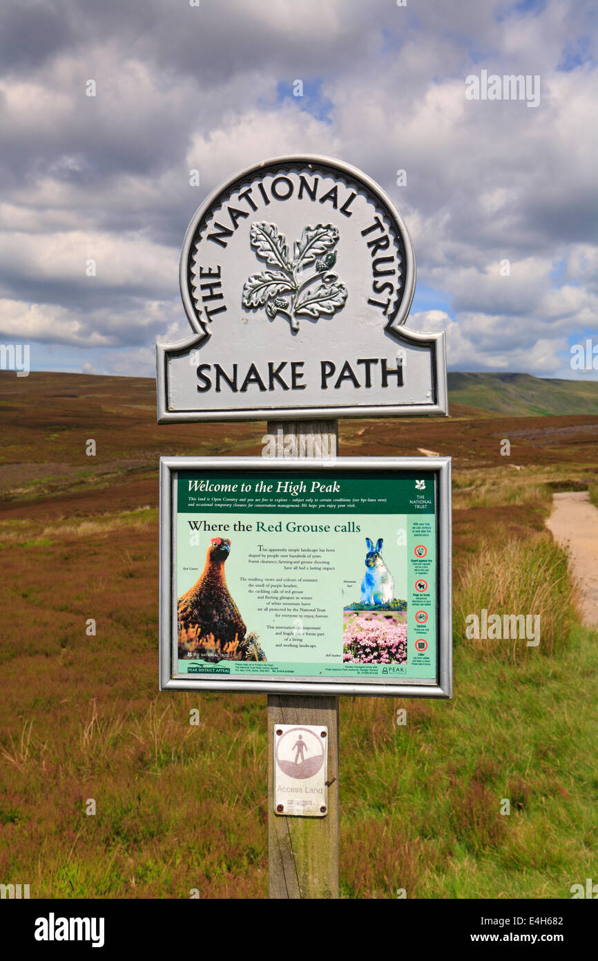 National Trust Snake Path sign on Middle Moor above Hayfield, Peak ...