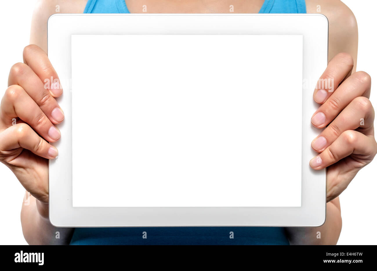Woman in blue showing tablet PC Stock Photo - Alamy