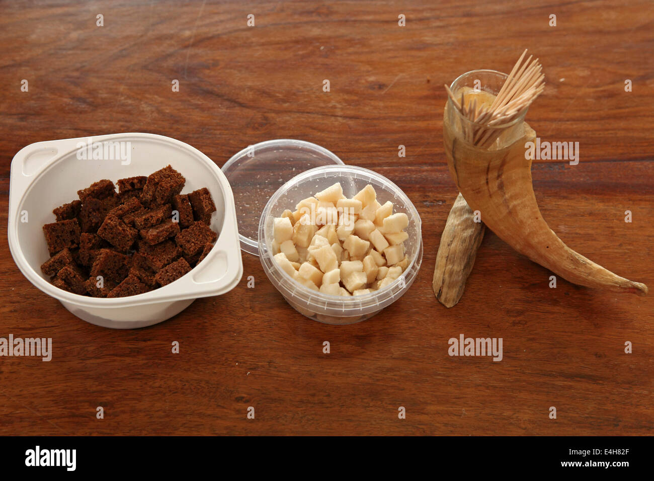 Dark bread, shark meat and tooth picks at Bjarnahofn, Iceland Stock ...