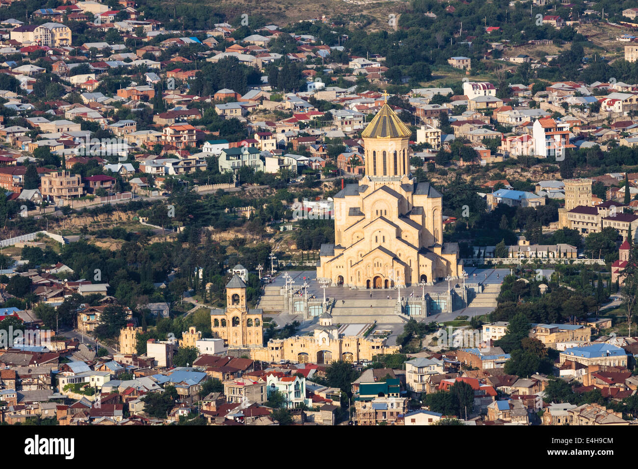 Aerial view with Tsminda Sameba new cathedral, Tbilisi, Georgia Stock ...