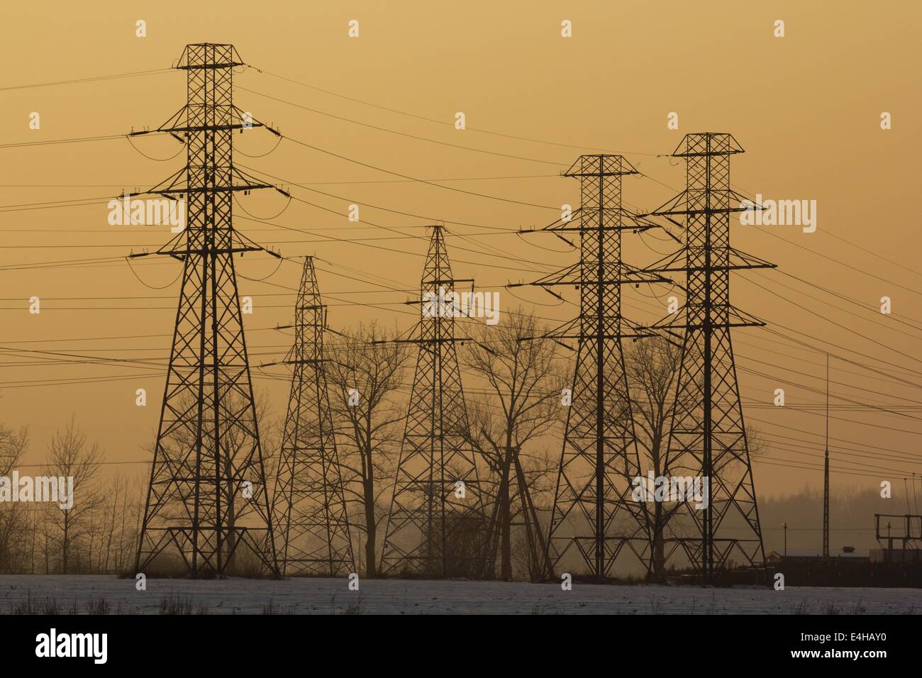 A group of power lines when the sun is raising Stock Photo - Alamy
