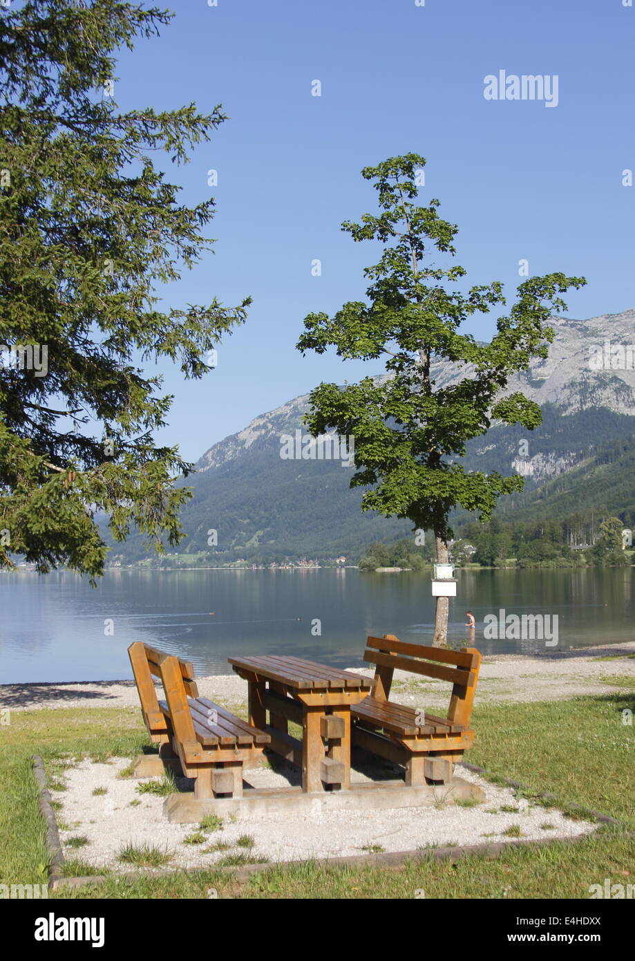 The old rust bench in the large mountains panorama Stock Photo - Alamy