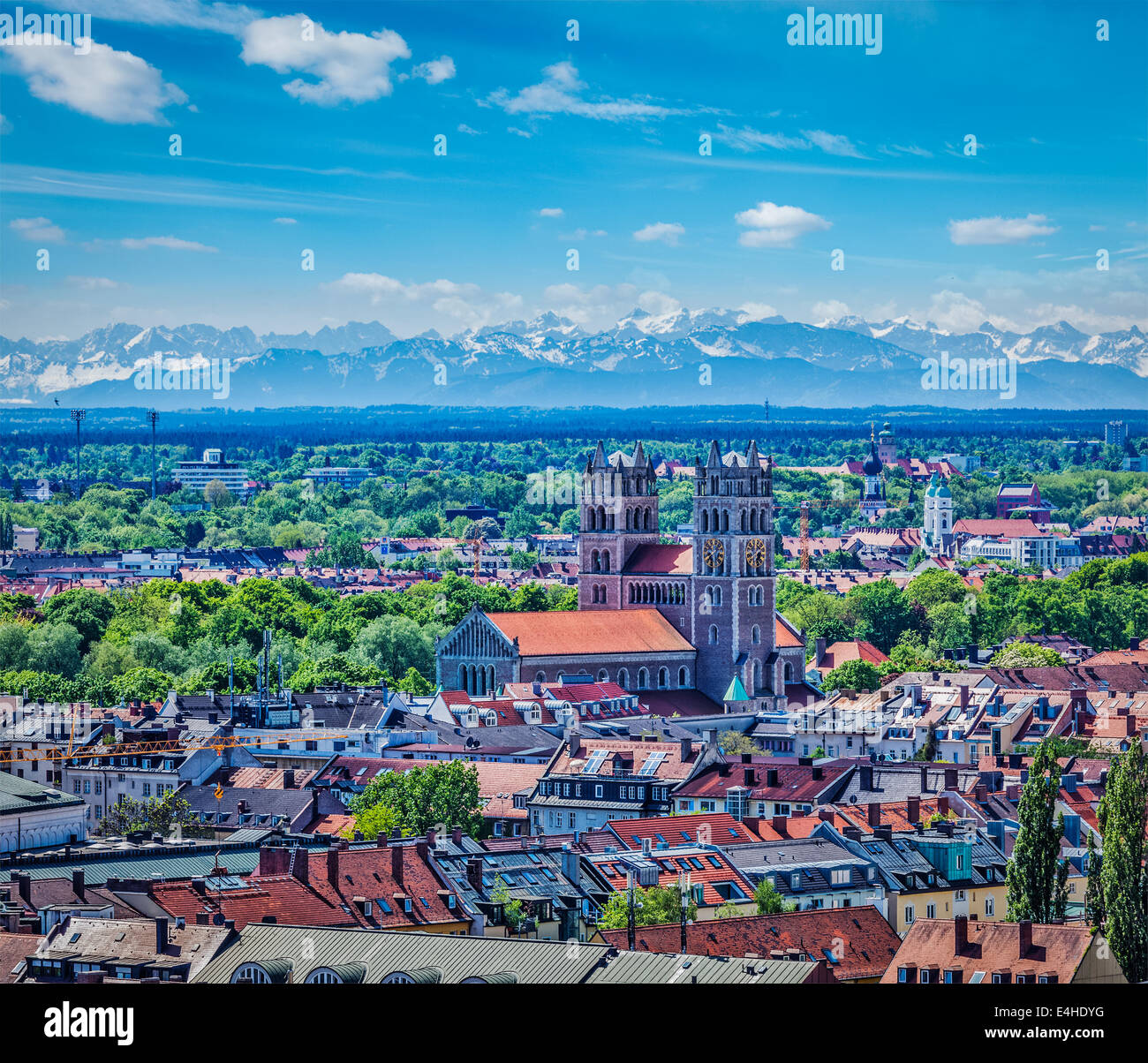 Aerial view of Munich with Bavarian Alps in background, Bavaria ...