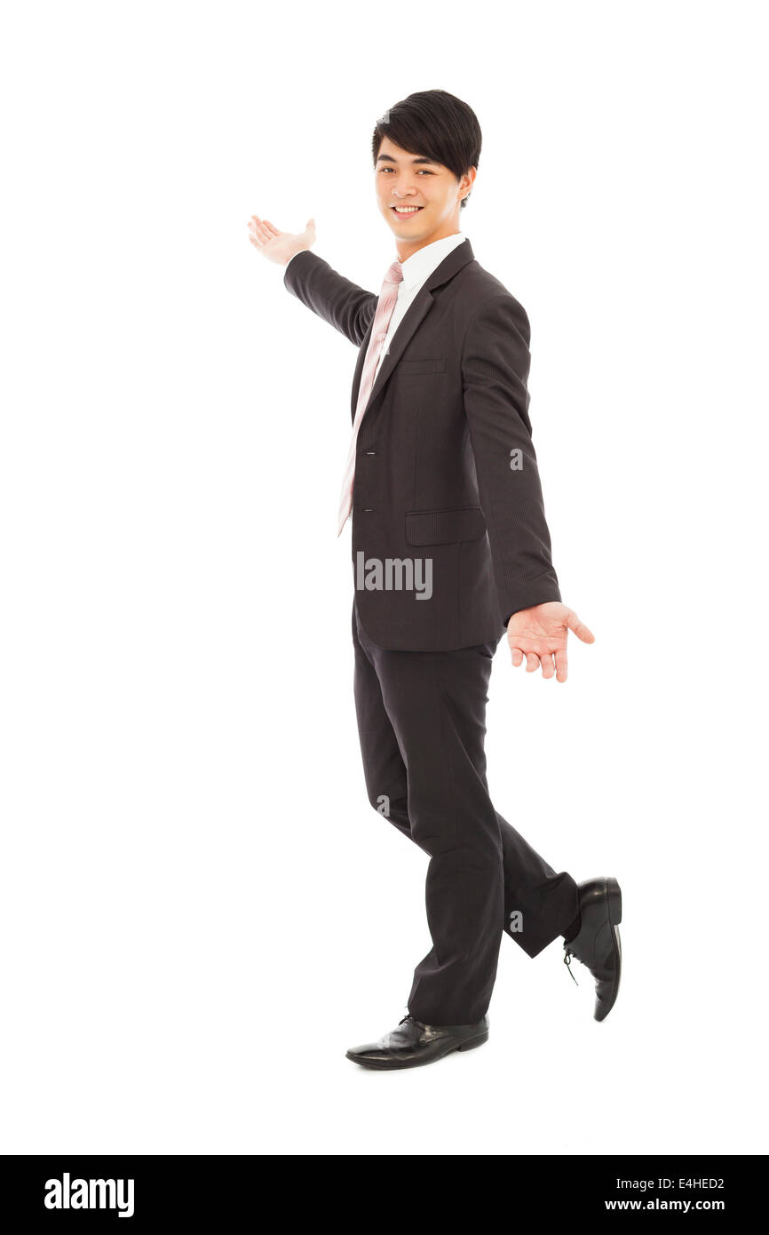 young business man open arms to show something Stock Photo - Alamy