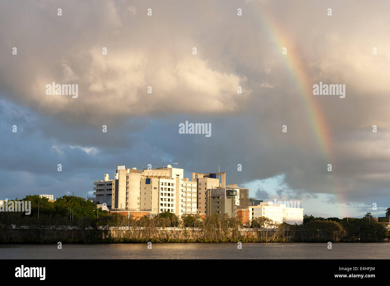 Urban landscape of modern buildings and street by Brisbane River Stock ...
