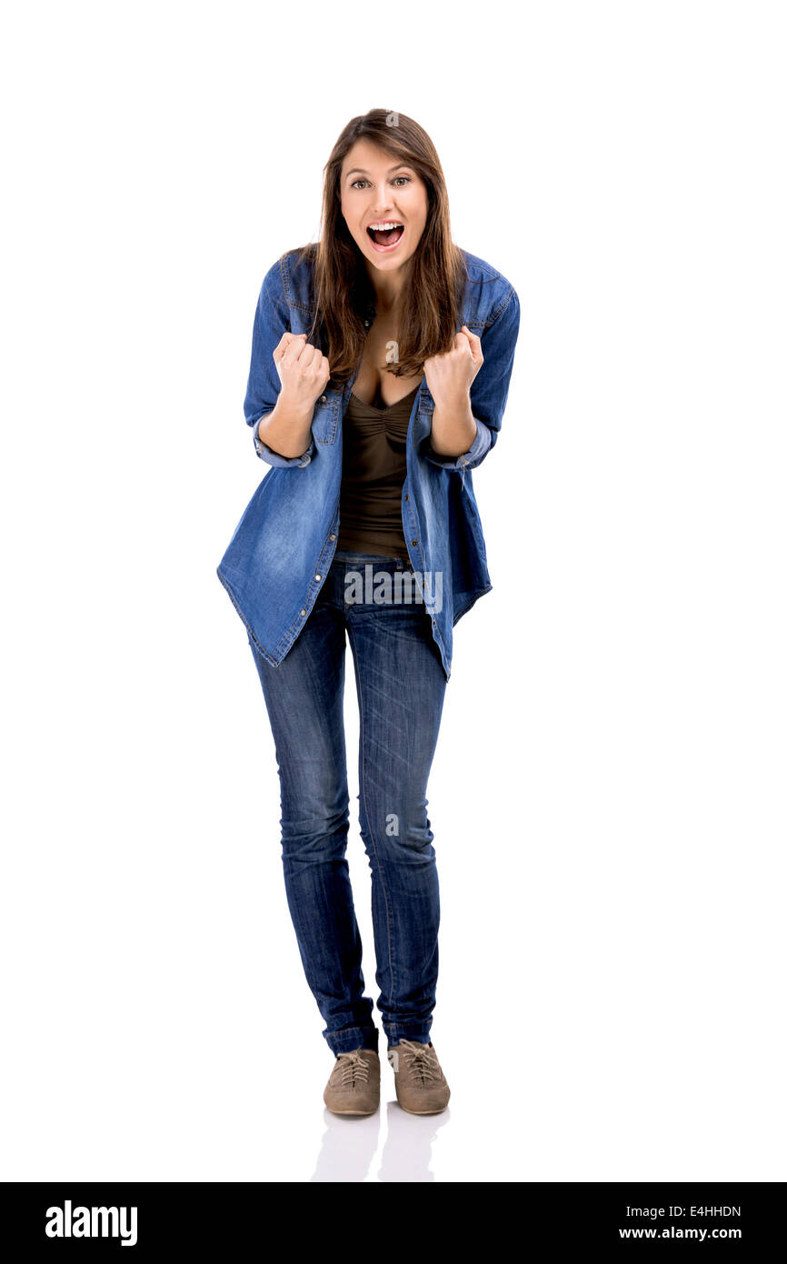 Happy woman with the achieved success, isolated over white background ...