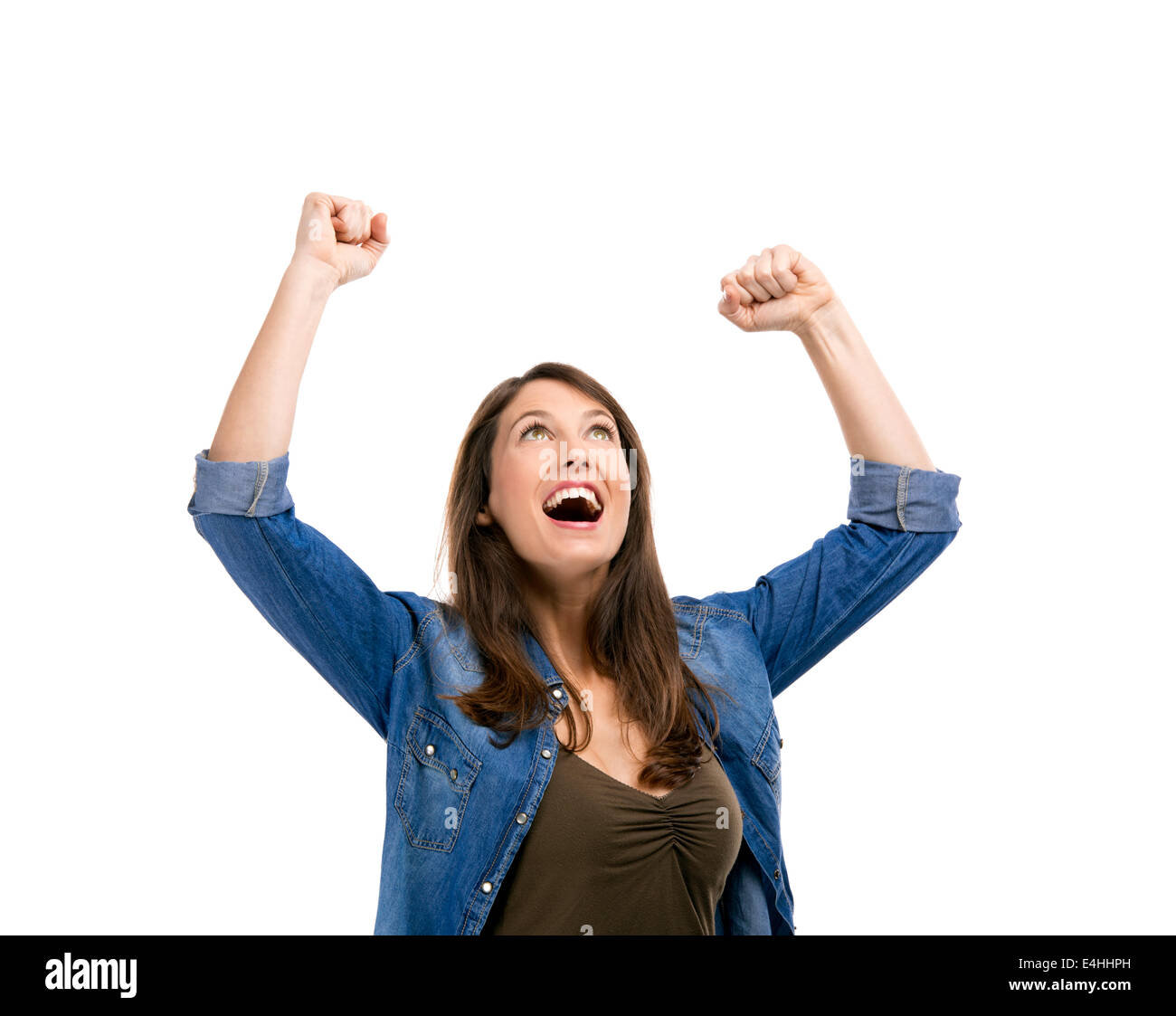 Happy woman with the achieved success, isolated over white background ...
