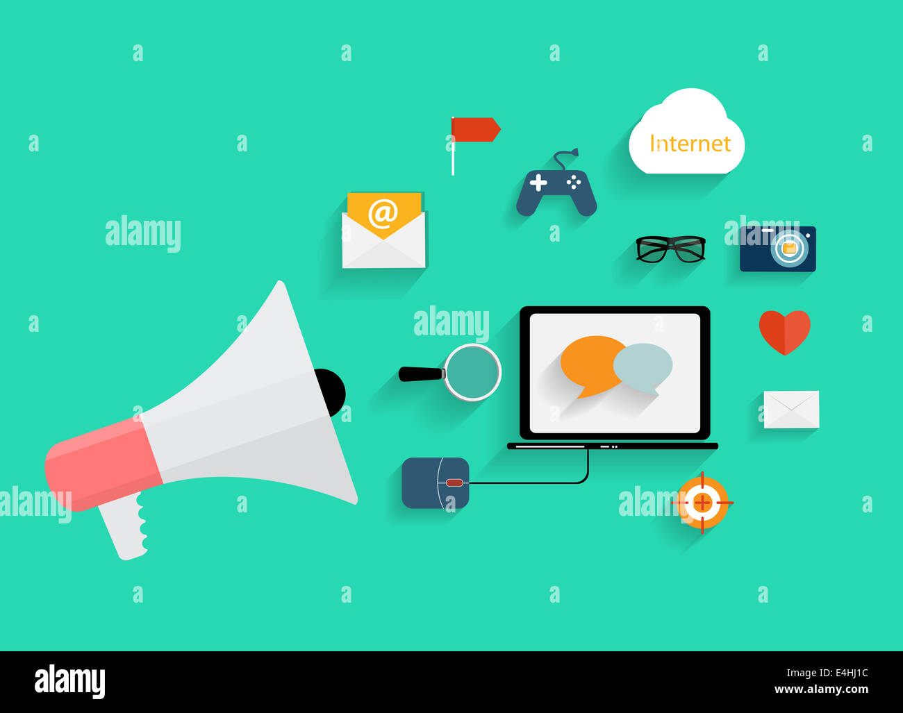 Hand holding Megaphone with Icon Set. Vector Illustration Stock Photo ...