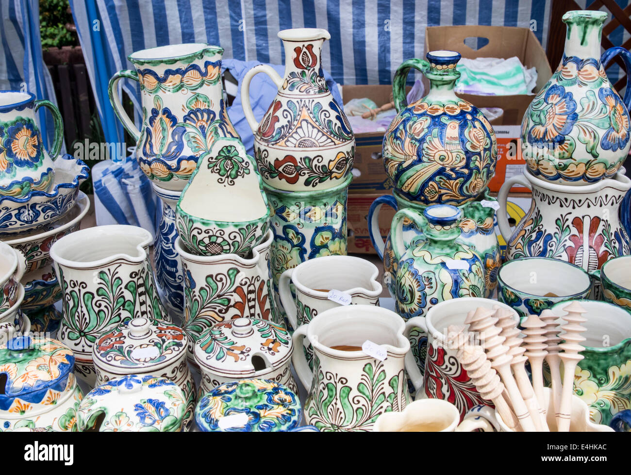 Romanian traditional handcrafted pottery plates and jugs Stock Photo ...
