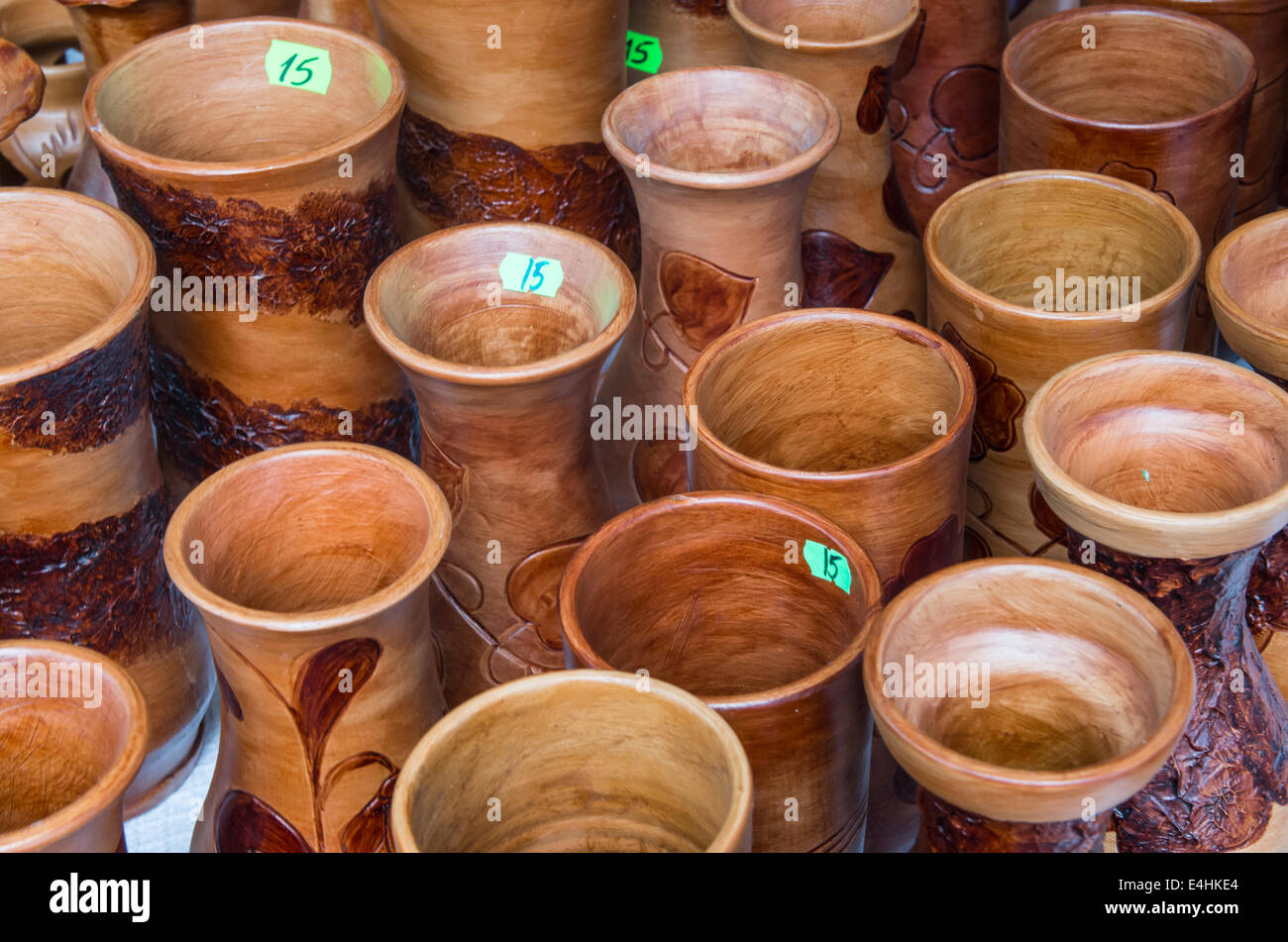 Romanian traditional handcrafted mugs in a souvenir shop Stock Photo ...