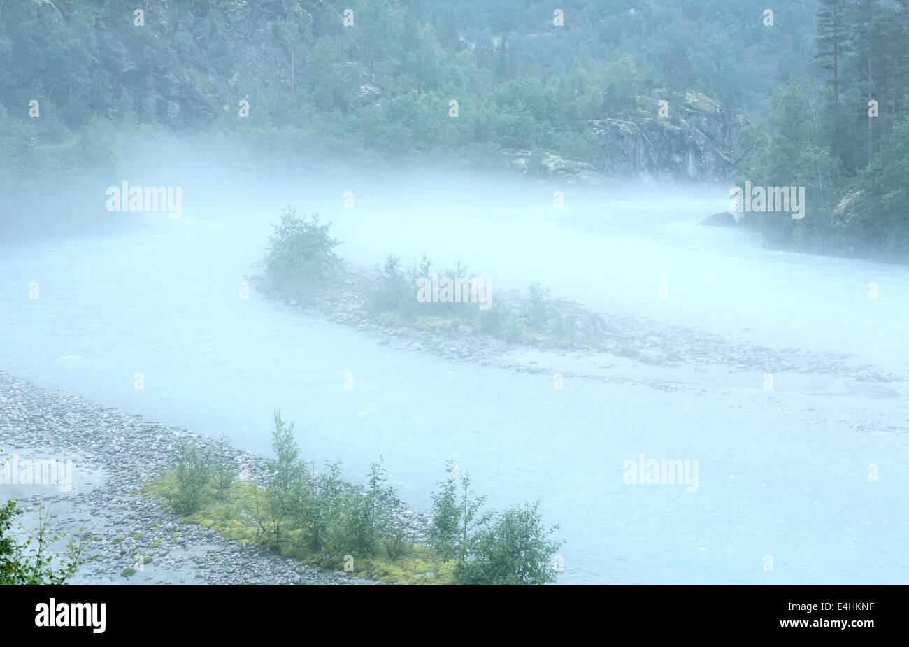 Dense fog over a mountain stream (Norway Stock Photo - Alamy