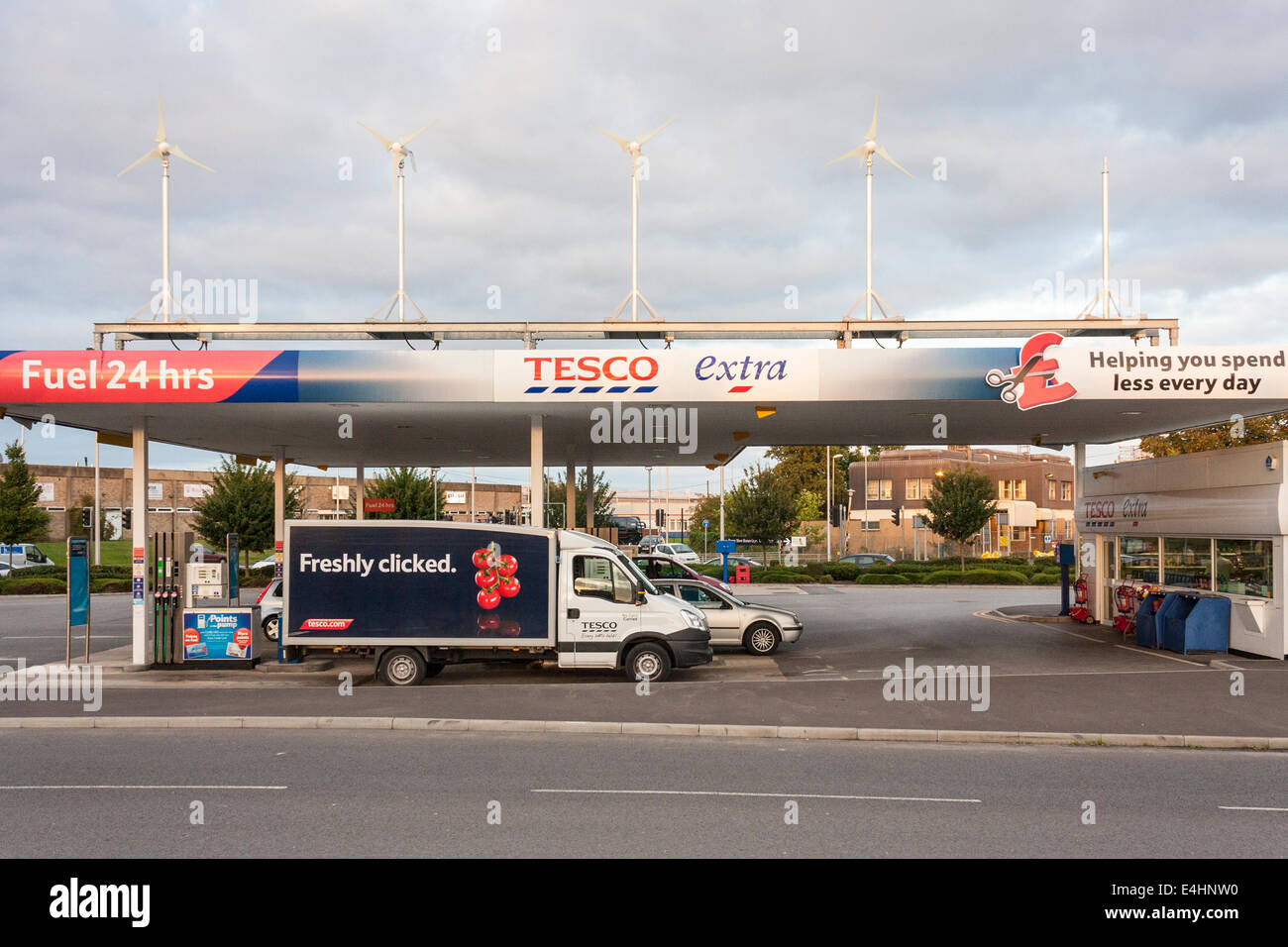 Petrol station with power-generating wind turbines at a Tesco ...