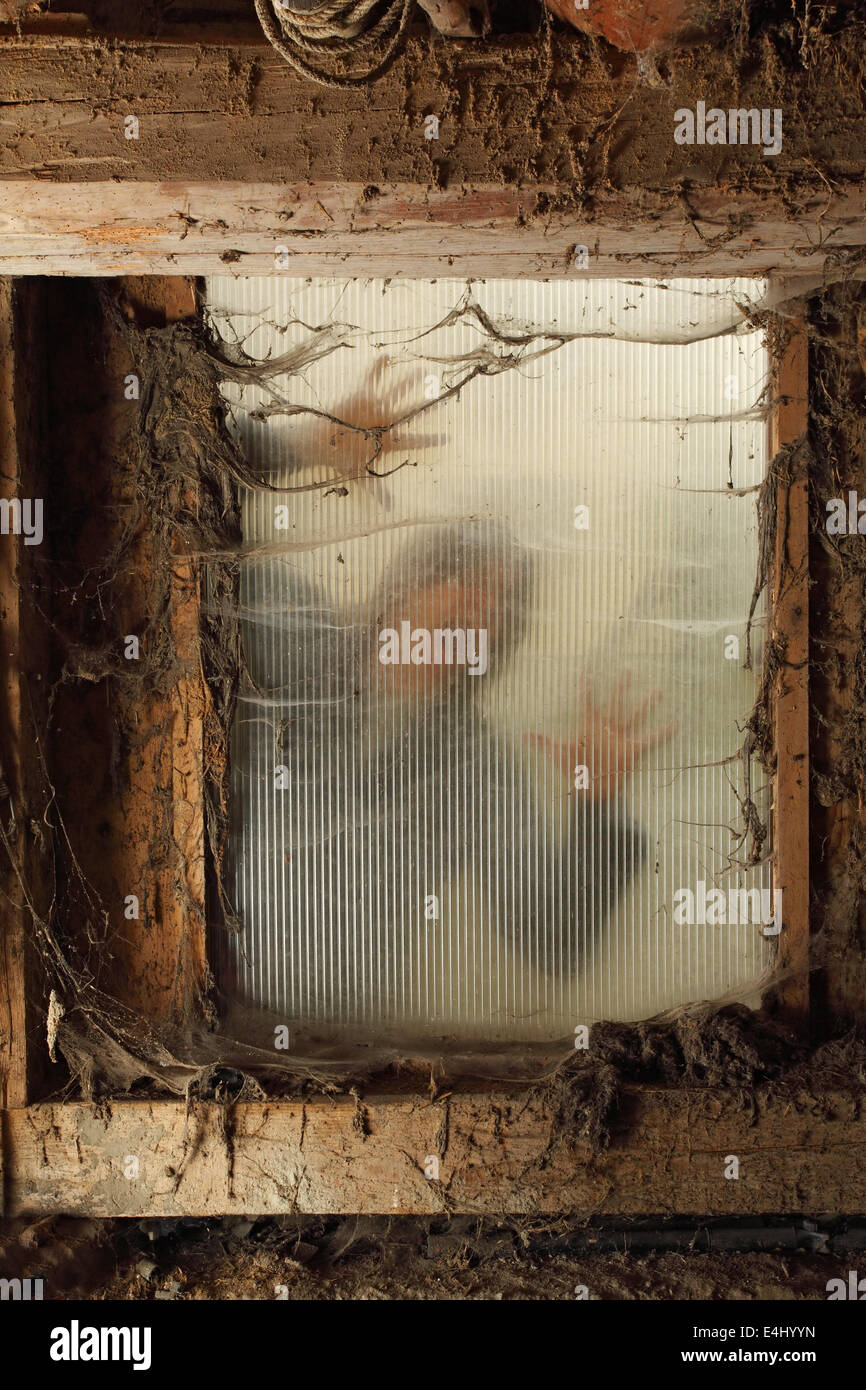 Photo of a zombie outside a window that is covered with spiderwebs and ...