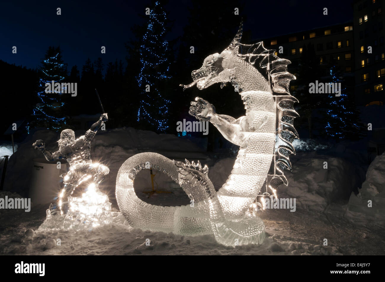 Ice sculpture of a knight slaying a dragon, Lake Louise, Banff National ...
