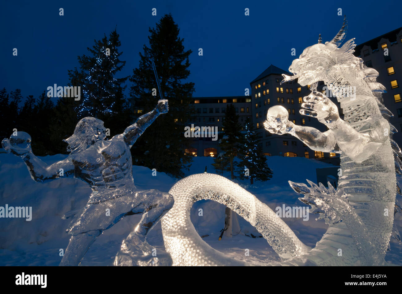 Ice sculpture of a knight slaying a dragon, Lake Louise, Banff National ...