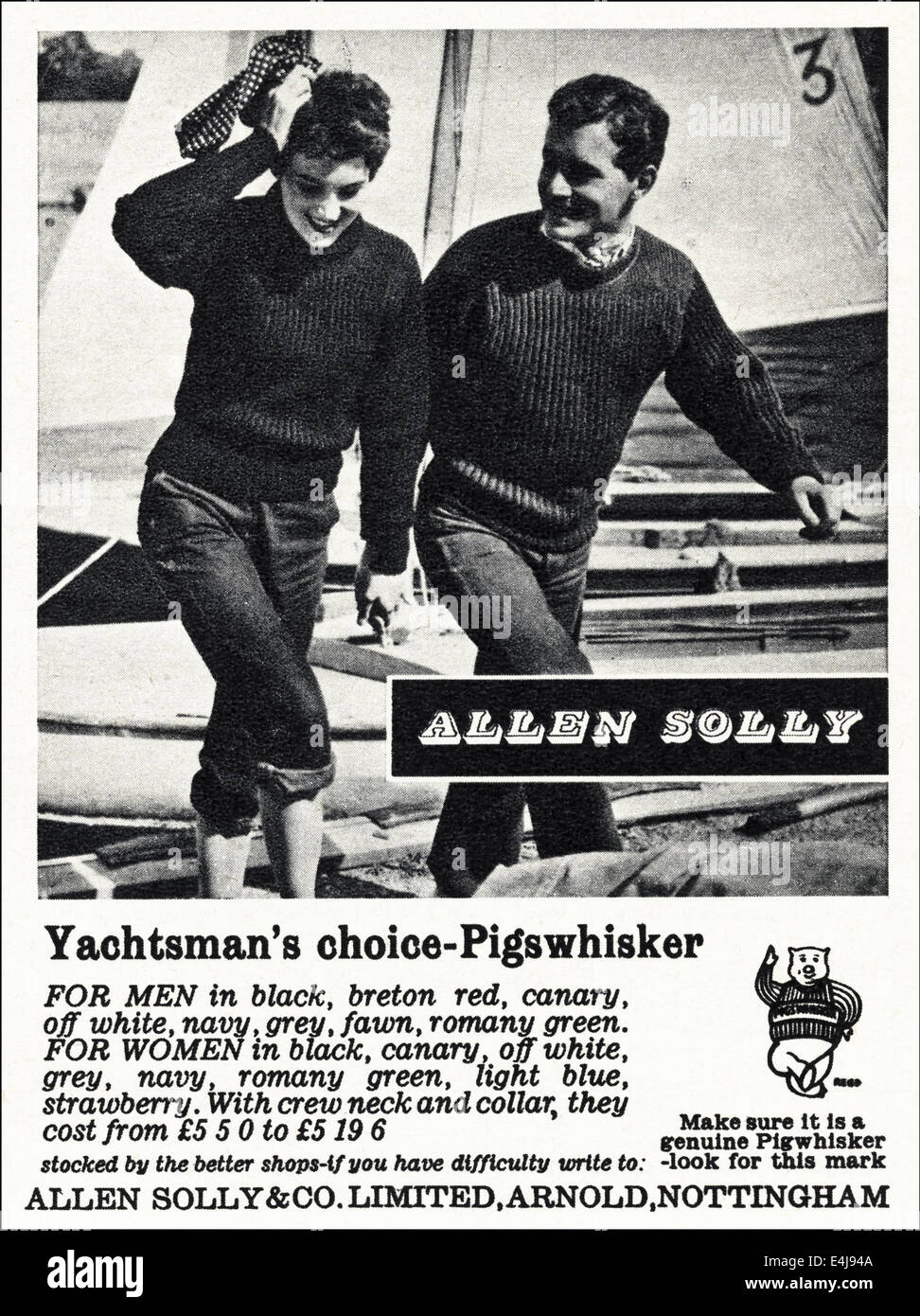 1950s advert for PIGSWHISKER heavy knit sweater by ALLEN SOLLY of ...