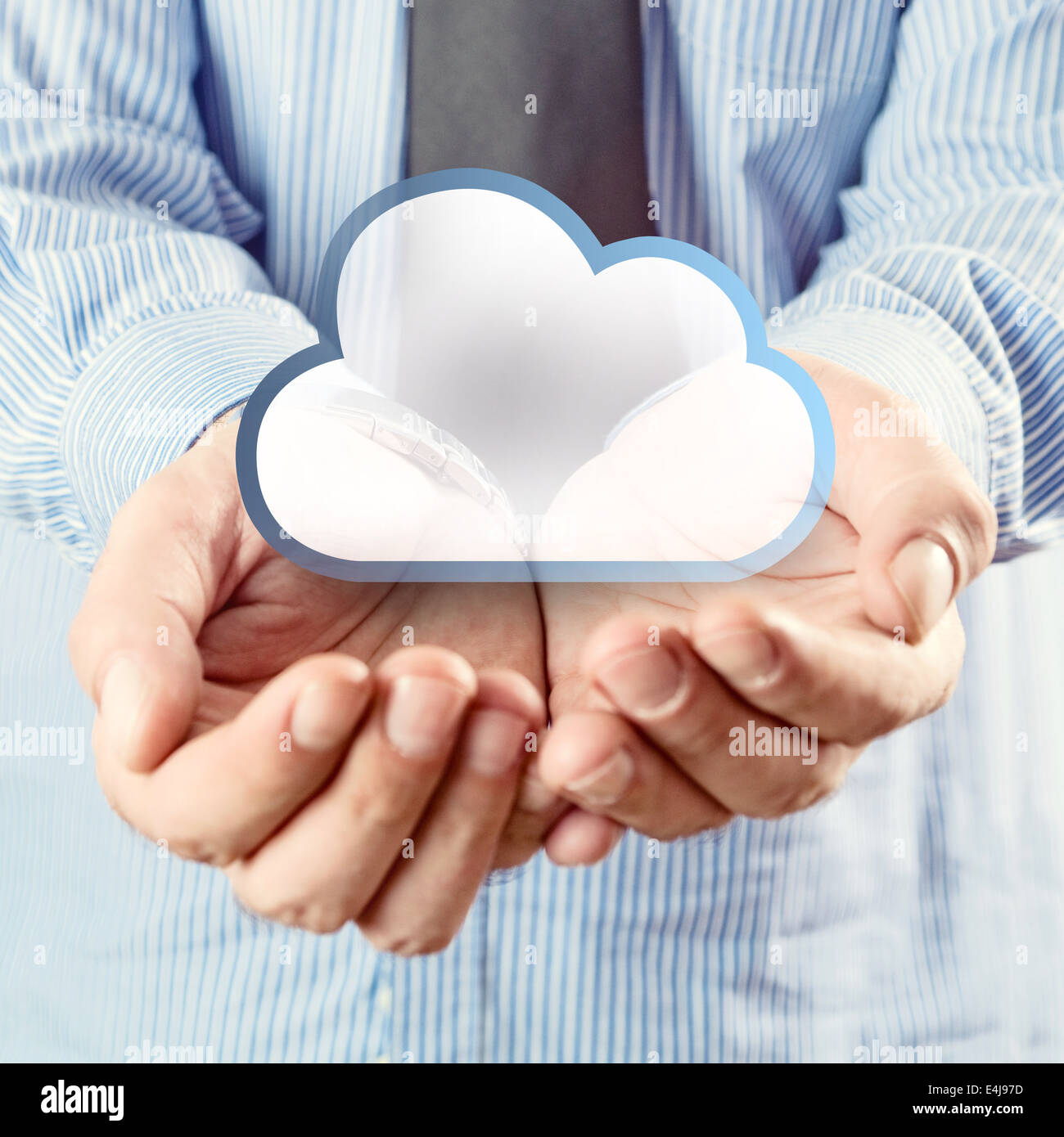 Cloud computing service. Cupped hands holding cloud symbol Stock Photo ...