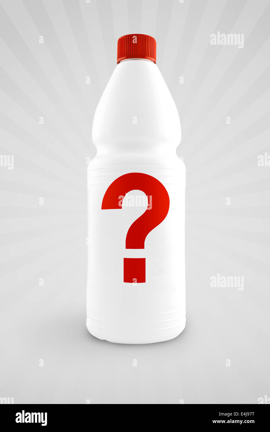 Unlabeled plastic Bottle for chemical liquid with question mark on gray ...