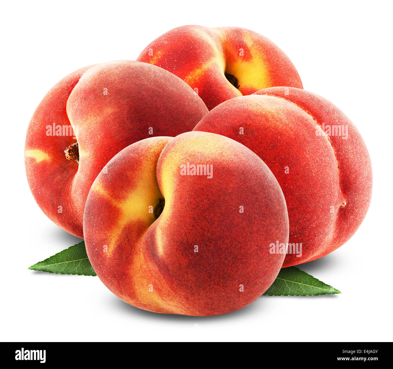 Ripe juicy peaches with leaves on a white background Stock Photo - Alamy
