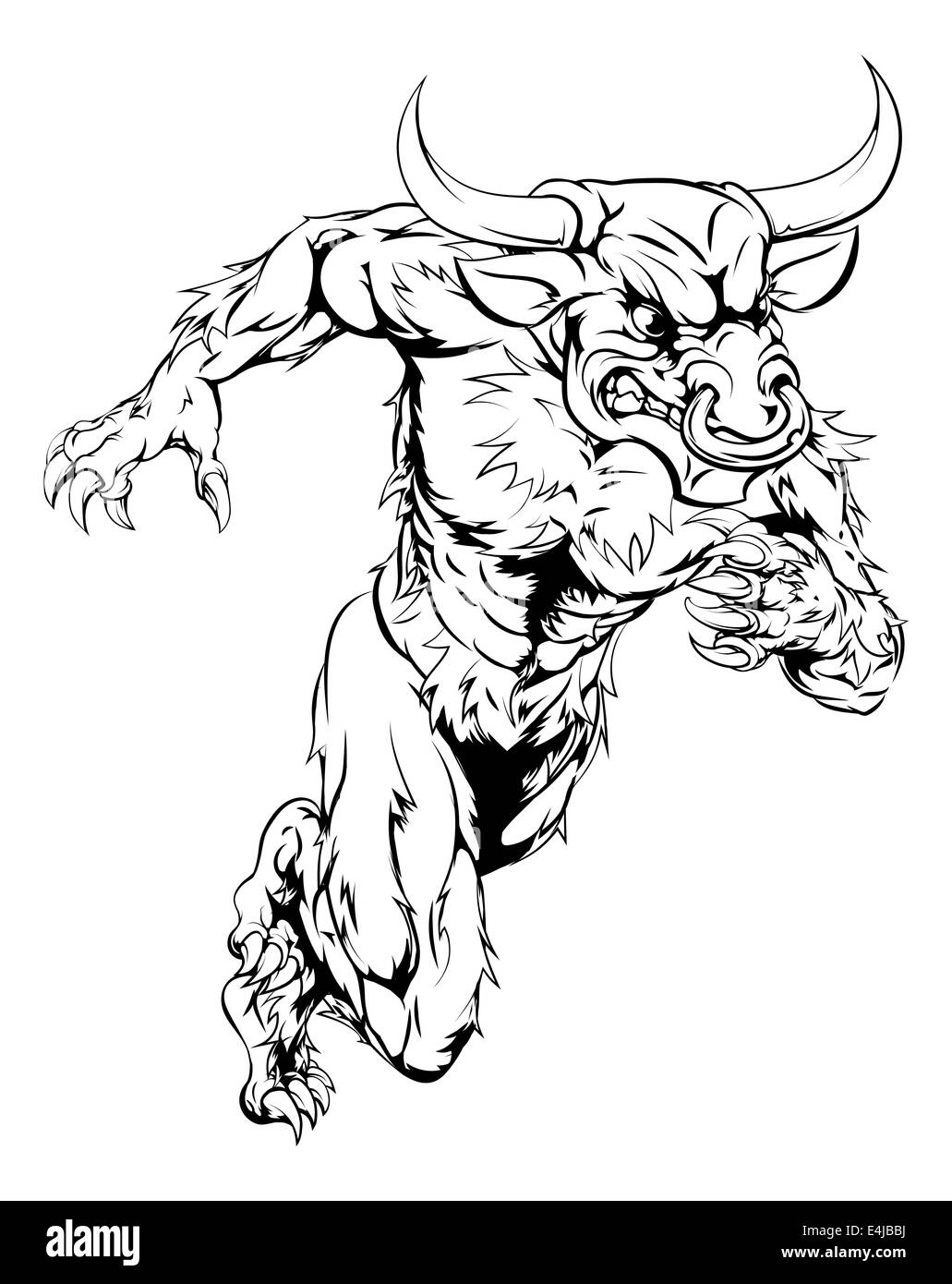 A bull man minotaur character or sports mascot charging, sprinting or ...