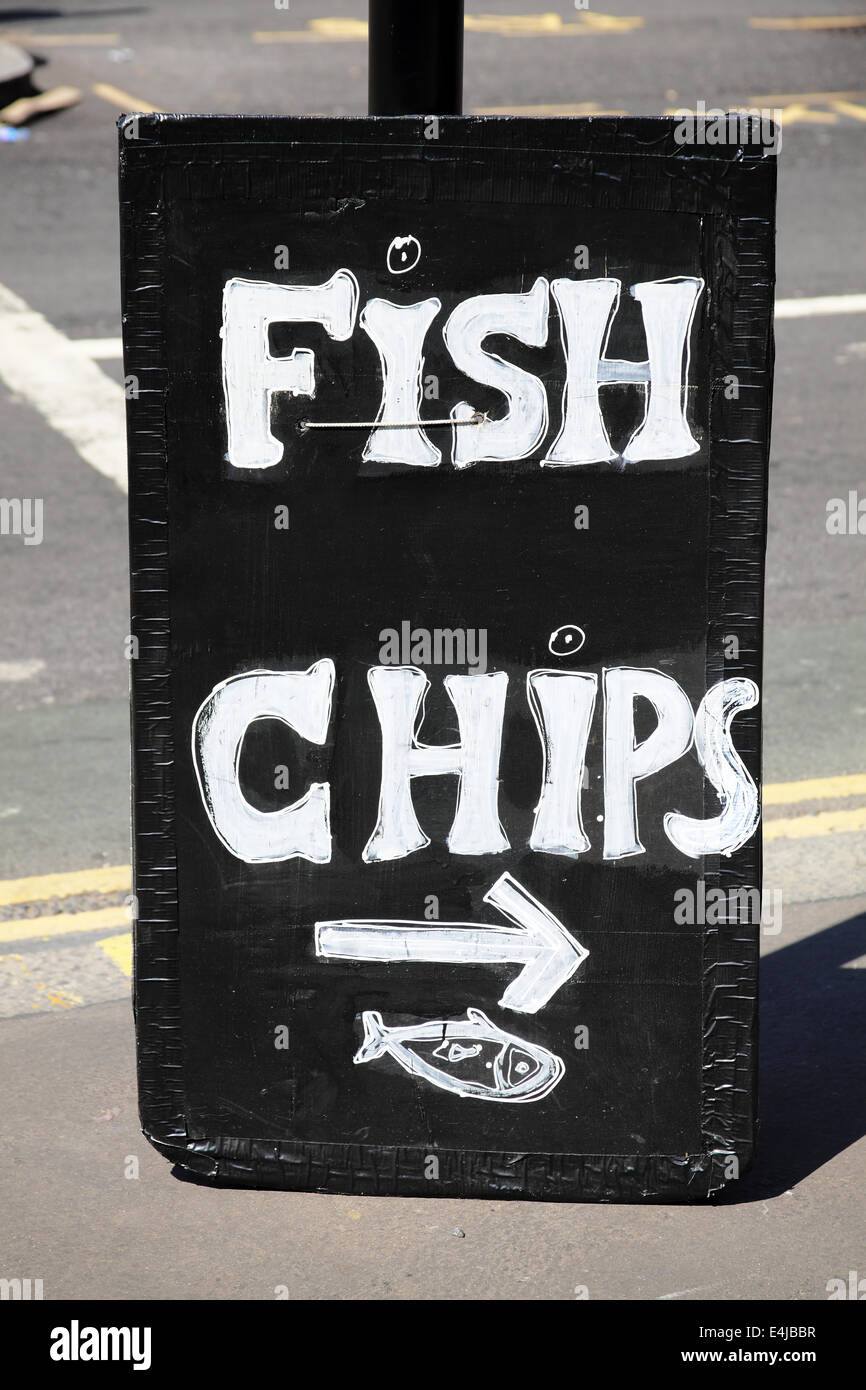 UK fish and chips sign advertising the traditional English take away ...