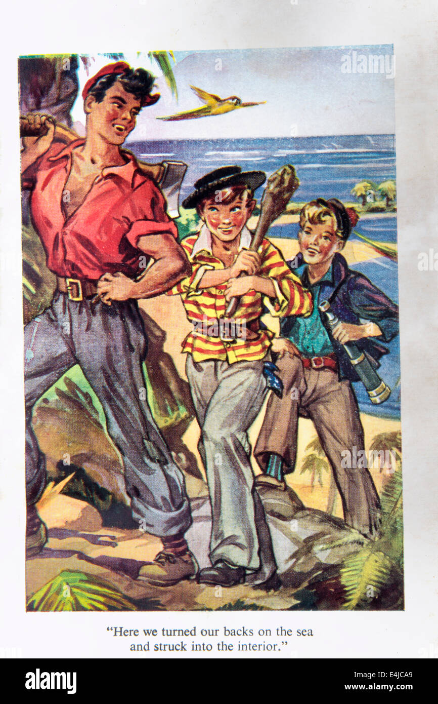 Illustration within a 1950s copy of the book Coral Island, by R M ...