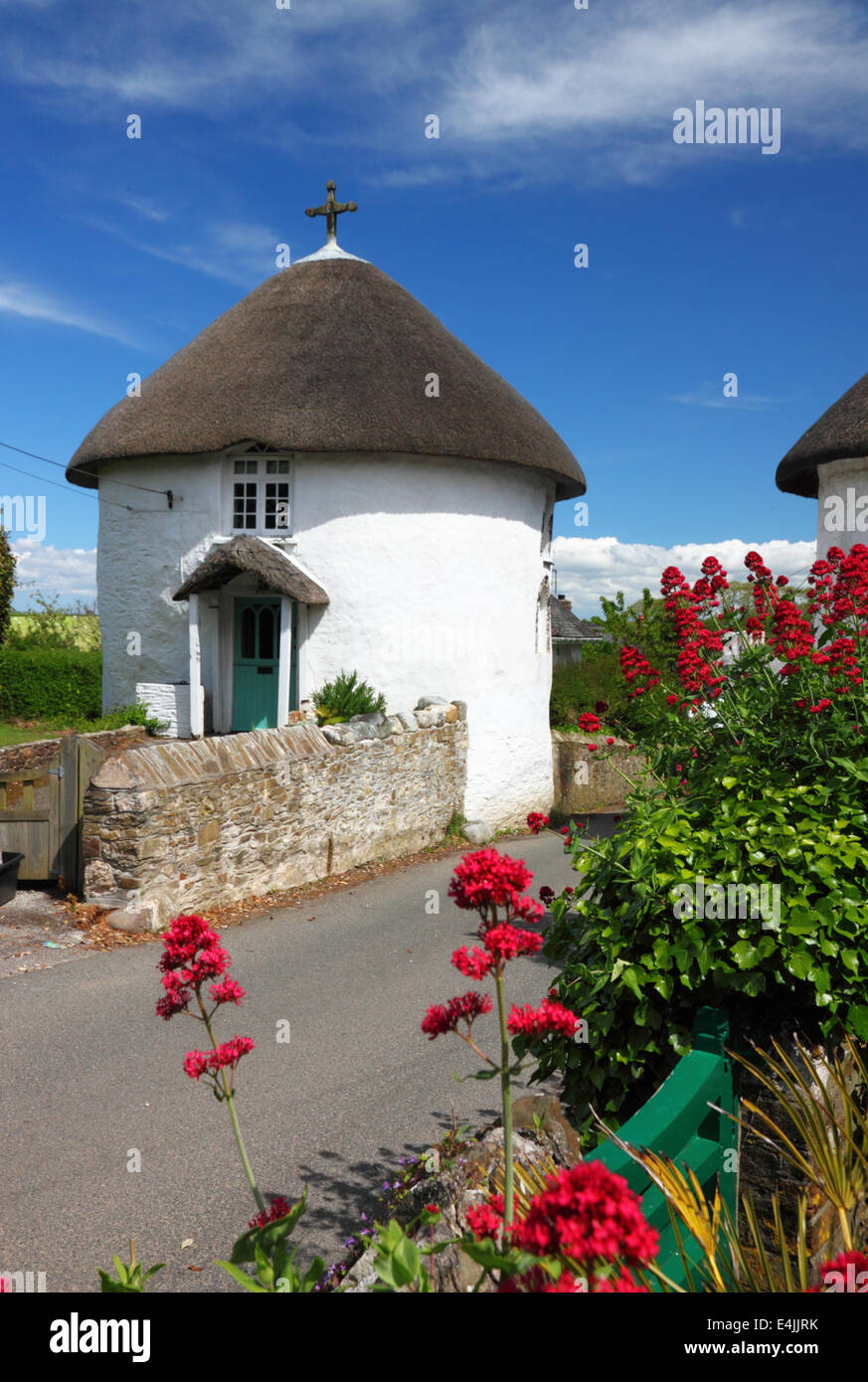 A circular thatched cottage with a red flowering shrub in the ...