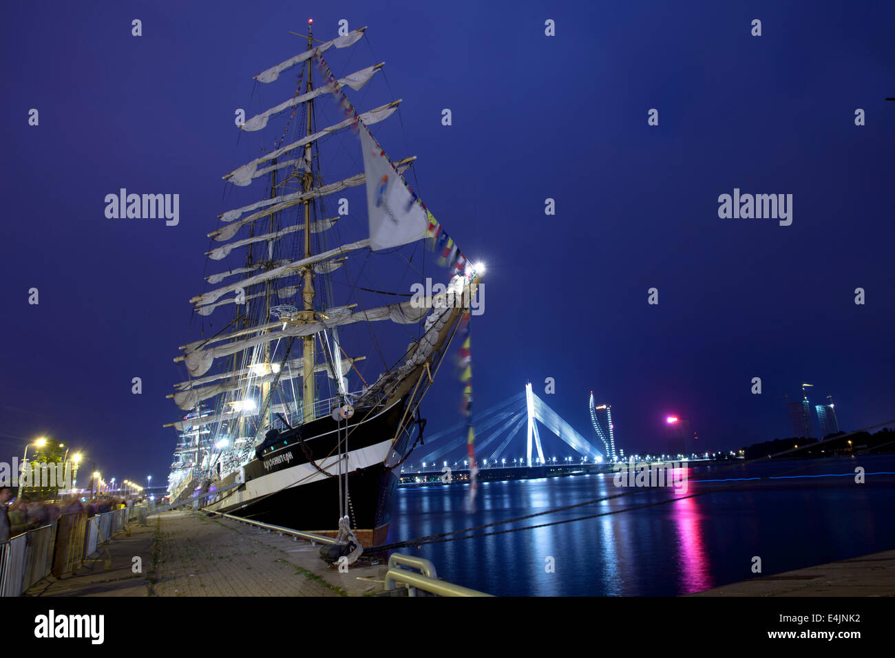 RIGA, LATVIA - JULY 25: Illuminated russian tall ship Kruzenshtern ...