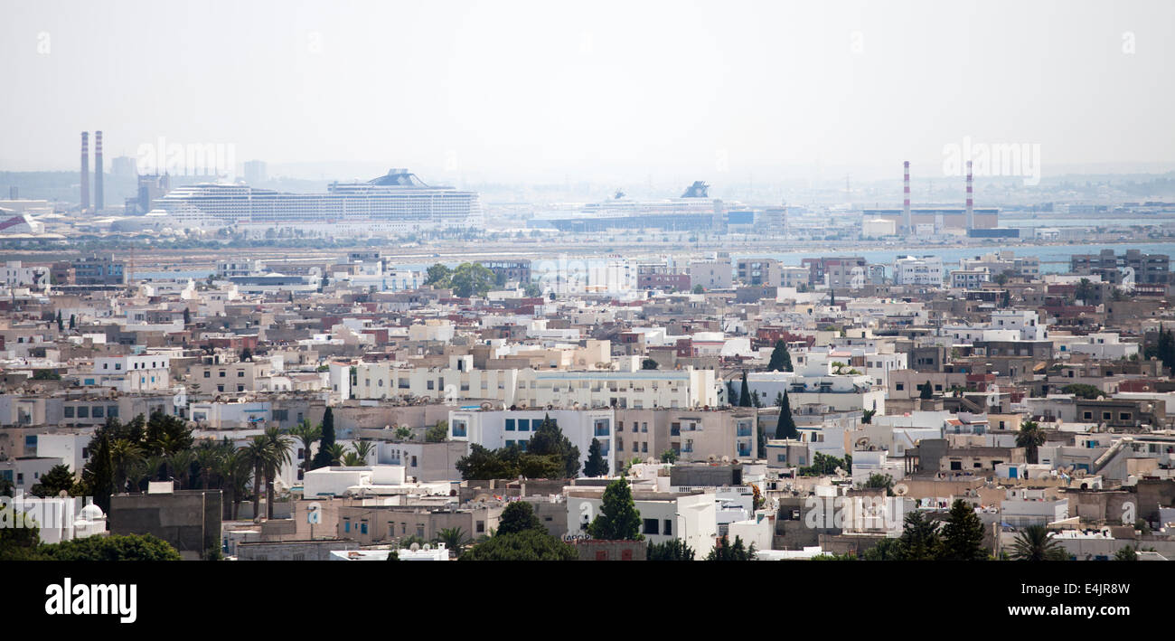 CARTHAGE, TUNISIA - June 19: View on Carthage and La Goulette port with ...