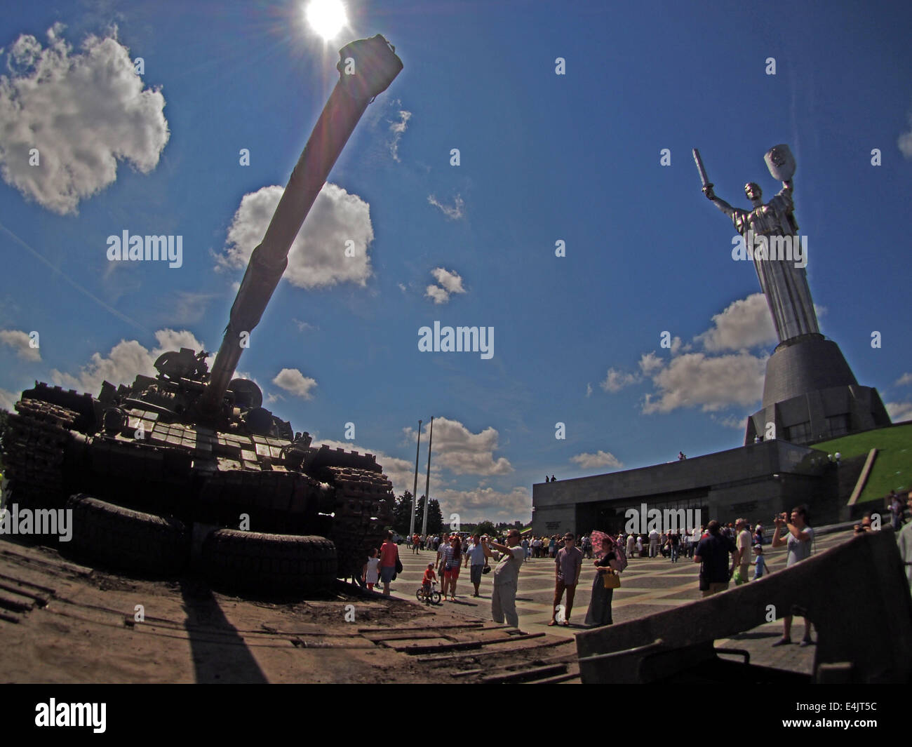Kyiv, Ukraine. 13th July, 2014. Visitors examine shoulder held Russian ...