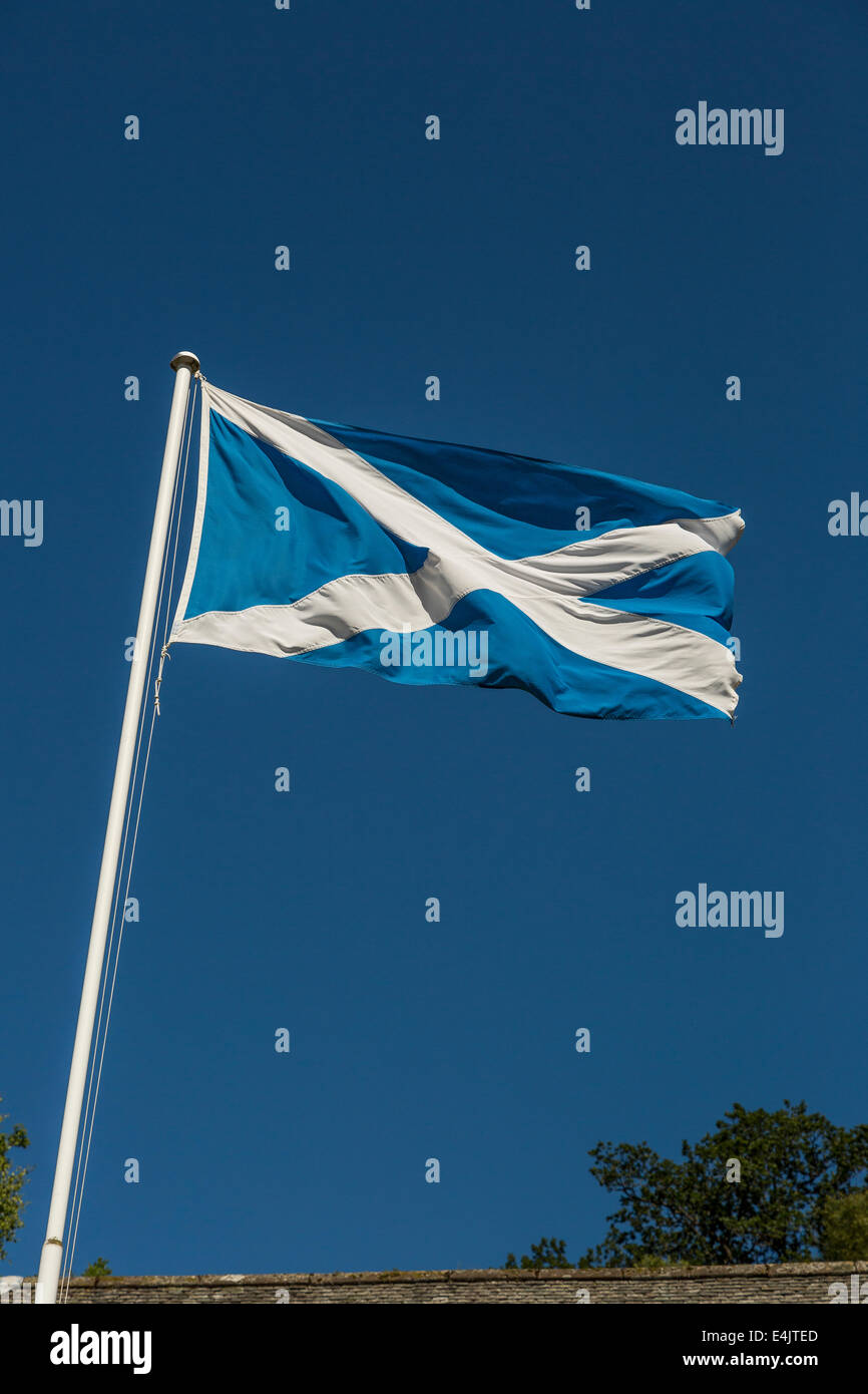 A Scotland Saltire flag flying in the wind with a dark blue sky ...