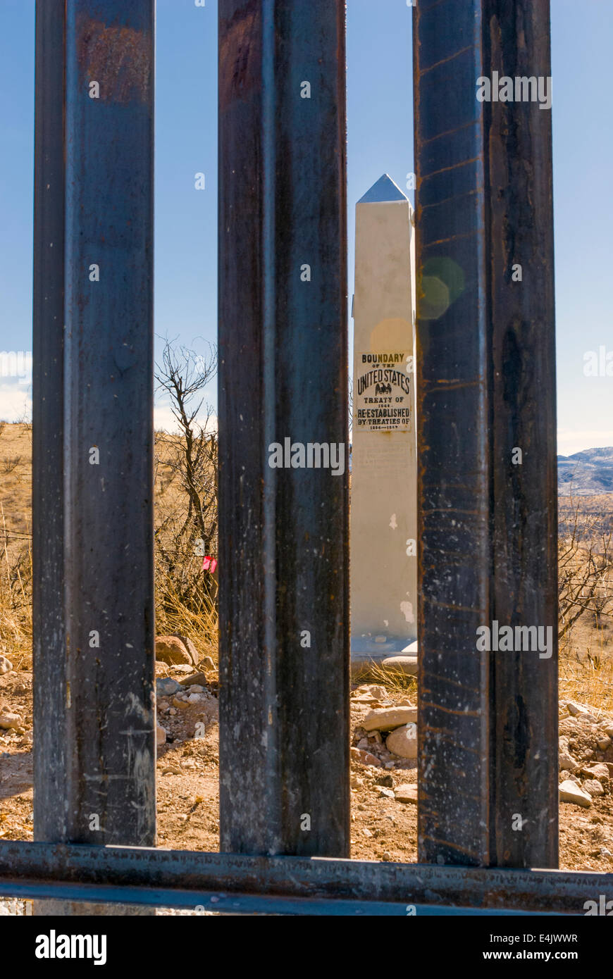Close up view of US border fence on border with Mexico, with official ...