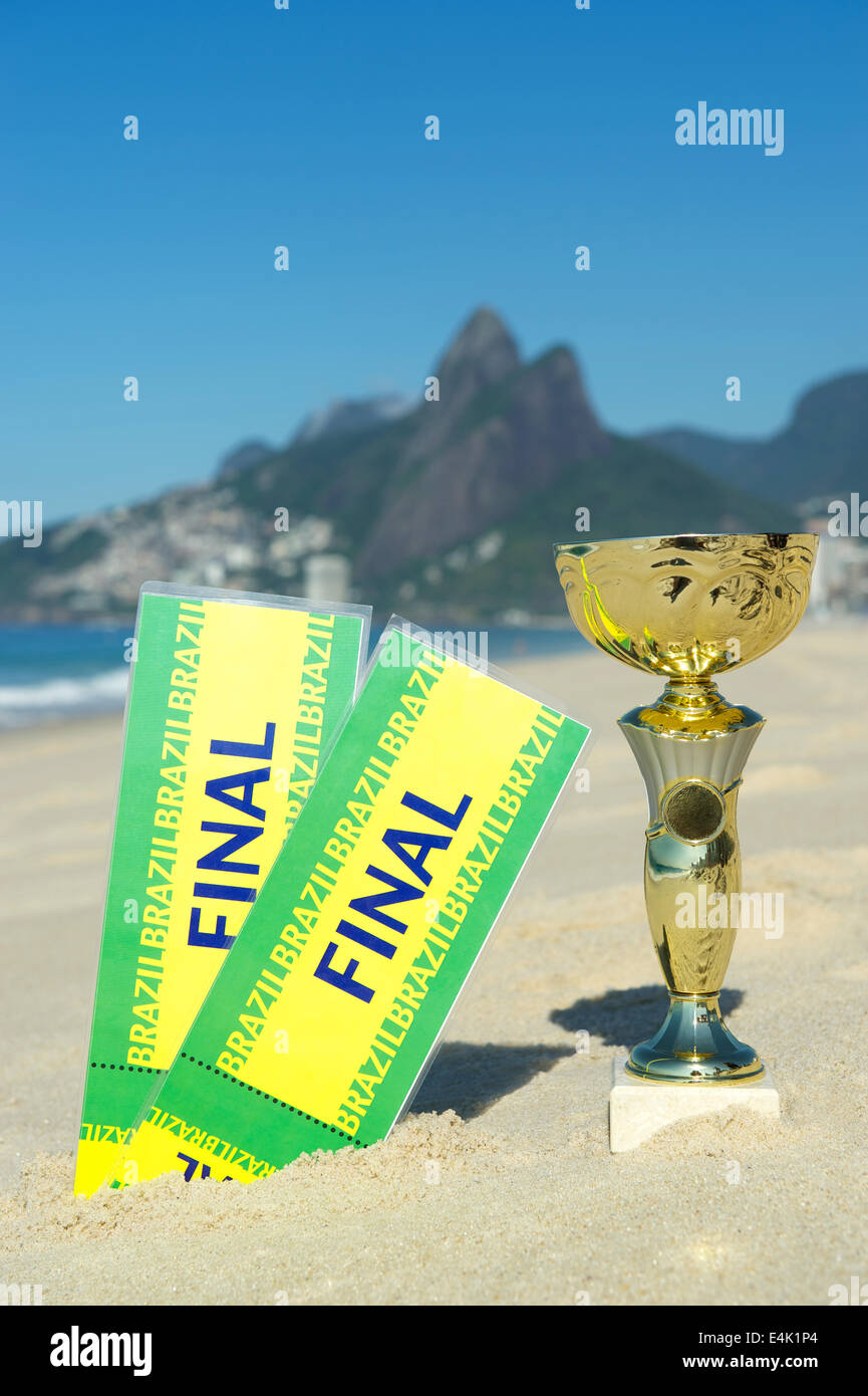 Brazil soccer champion trophy with final tickets Ipanema Beach Rio de ...