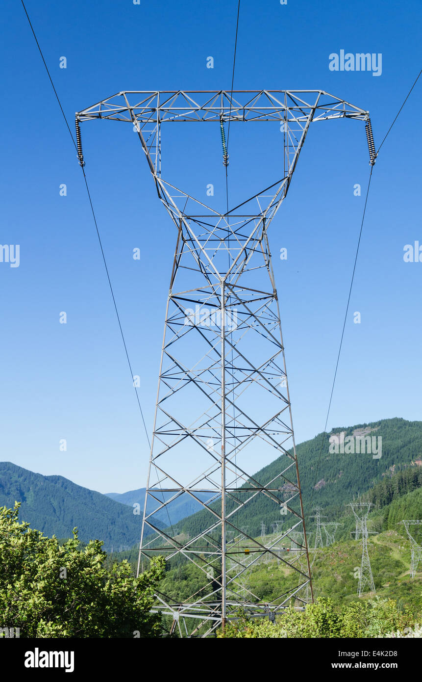 An electrcial transmission tower supports high tension power lines ...