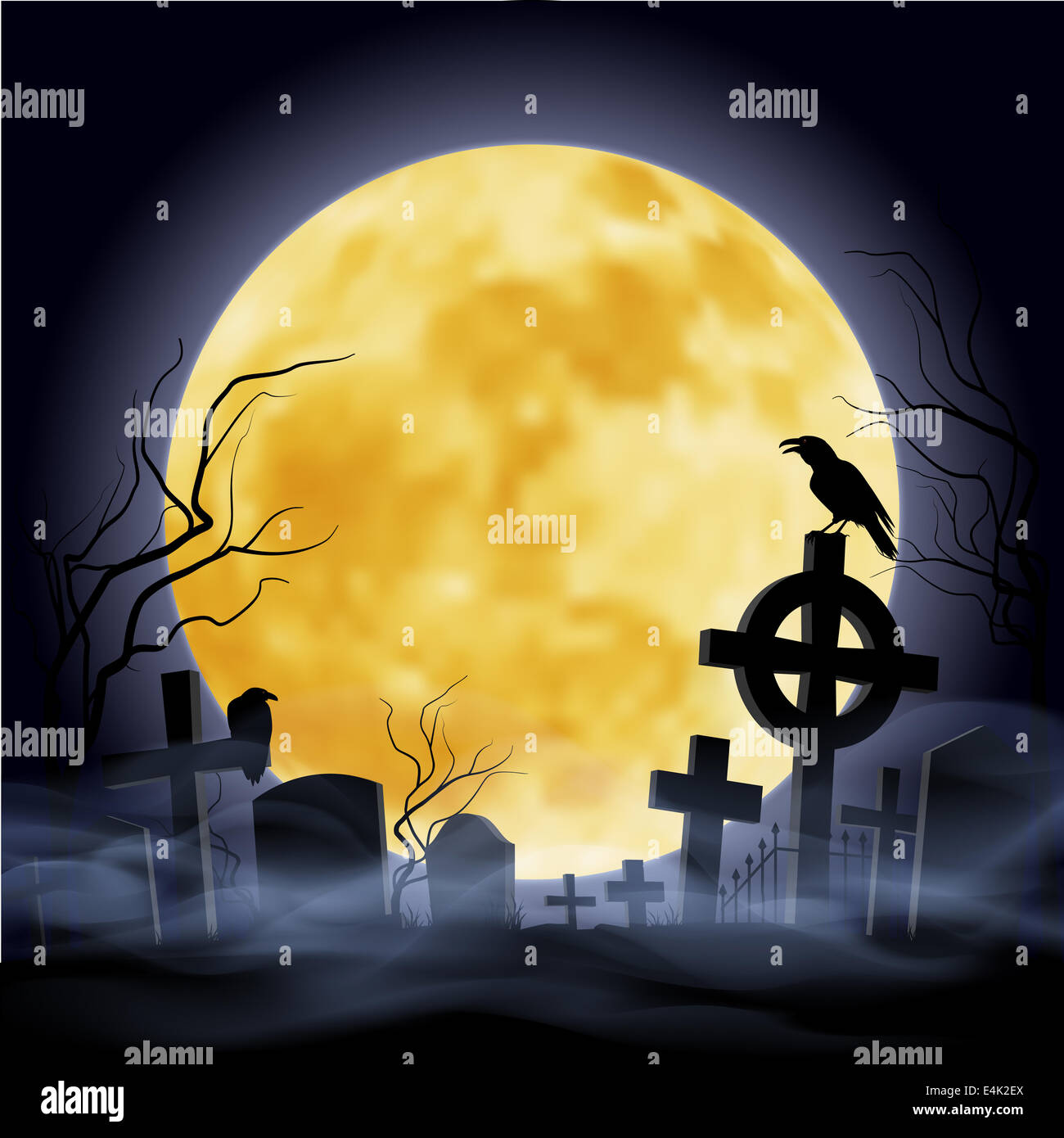 Cemetry at the night. Yellow moon. Headstone Stock Photo - Alamy