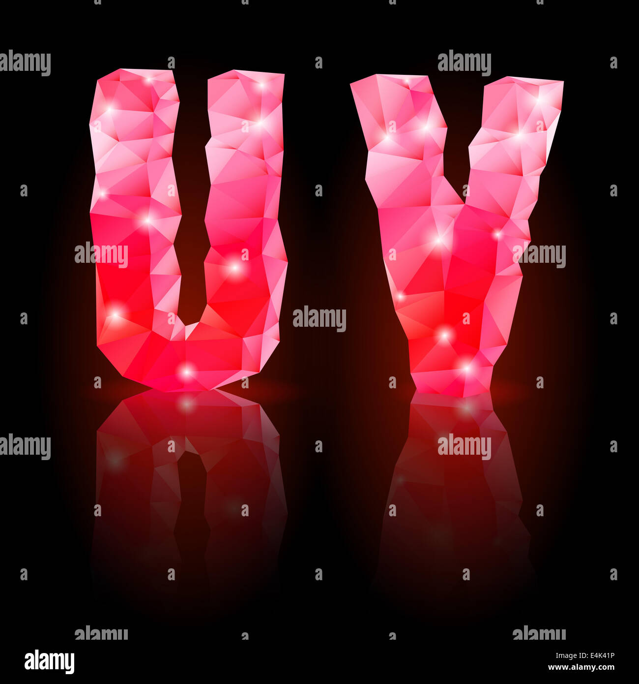 Shiny ruby polygonal font. Crystal style U and V letters with ...