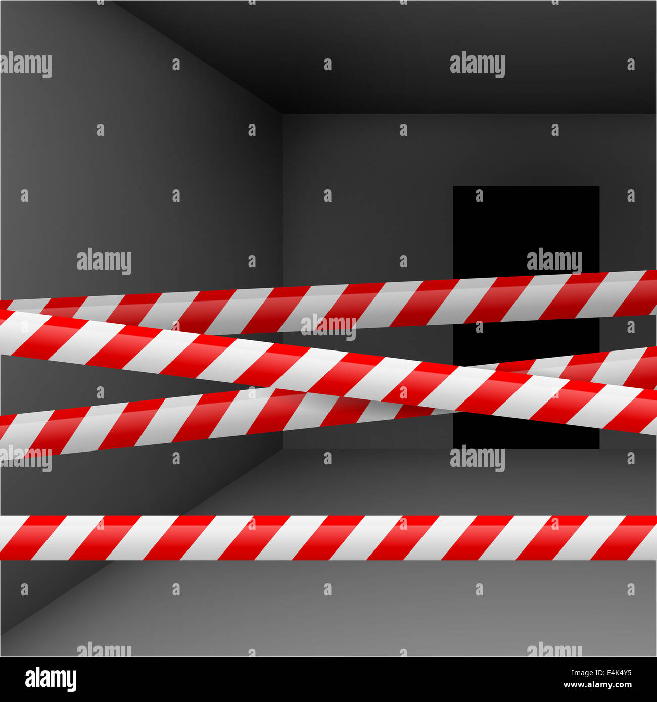 Dark room with red and white danger tape. Crime or emergency scene ...
