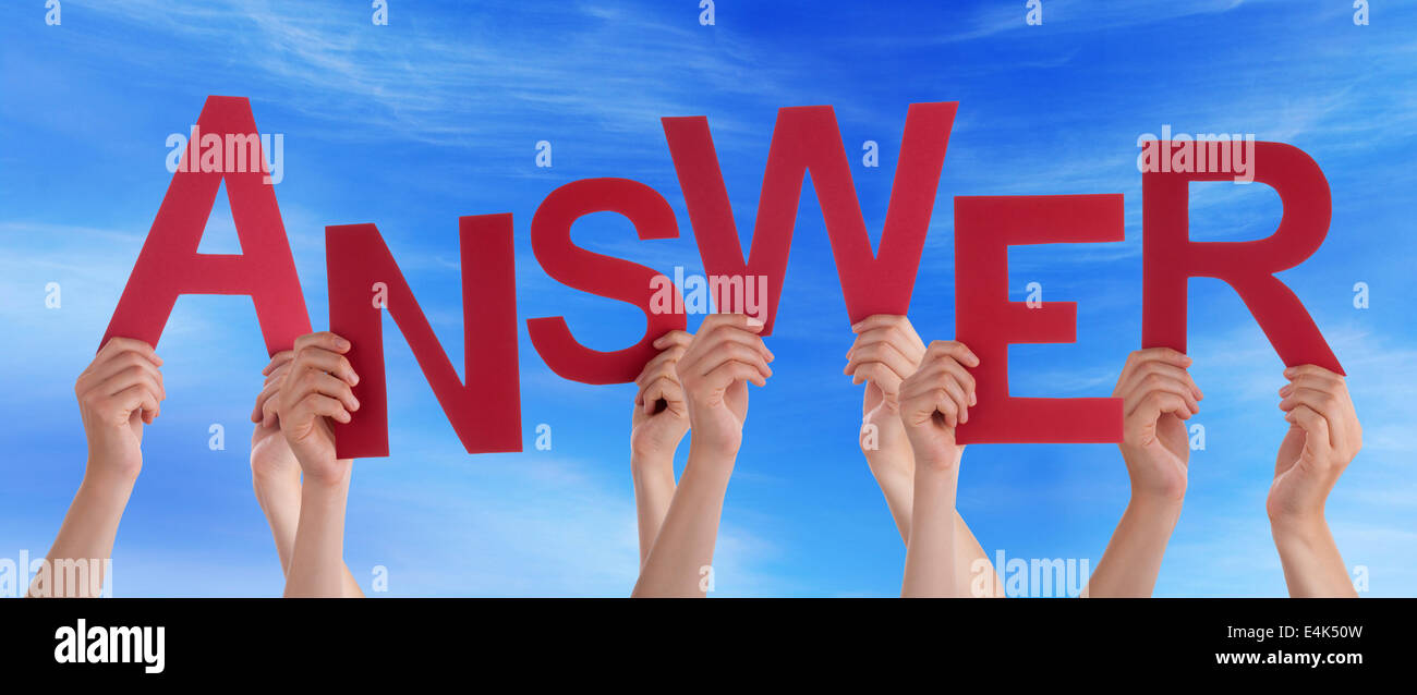 Many Hands Holding the Red Word Answer in the Sky Stock Photo - Alamy
