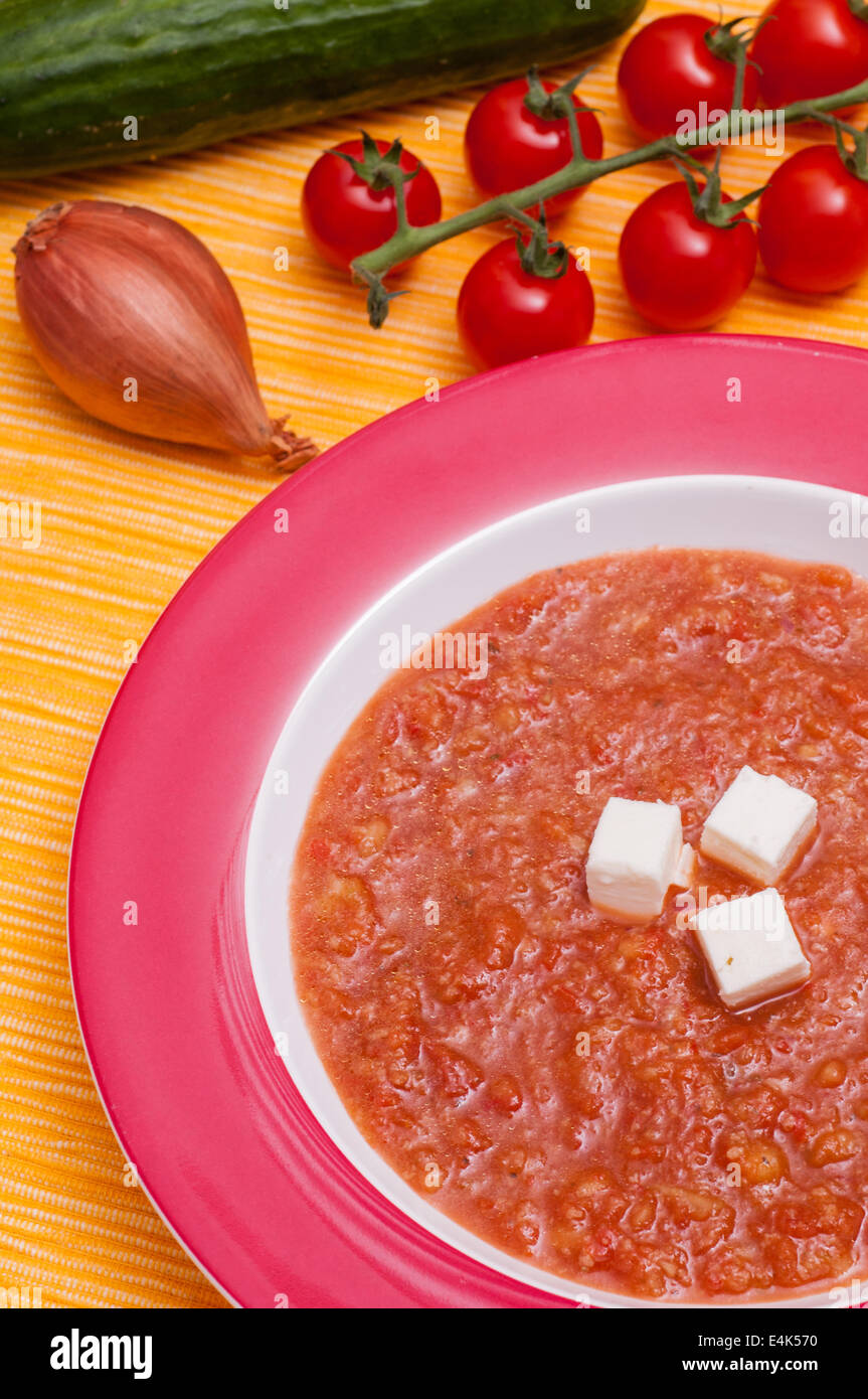 Cold vegetable soup with feta cheese Stock Photo - Alamy